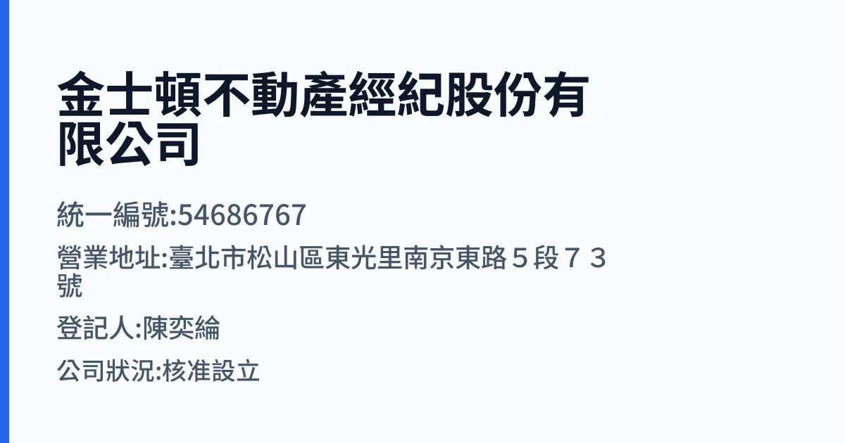 金士頓不動產經紀股份有限公司 - 統編 54686767(臺北市) 公司登記資料與營業項目詳細圖表