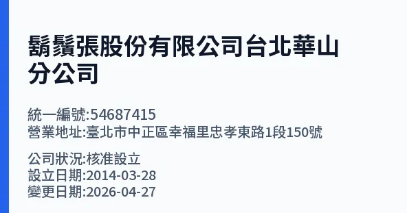 鬍鬚張股份有限公司台北華山分公司的照片-統編 54687415(臺北市) 公司登記資料與營業項目詳細圖表