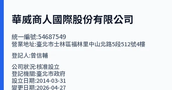 華威商人國際股份有限公司的照片-統編 54687549(臺北市) 公司登記資料與營業項目詳細圖表