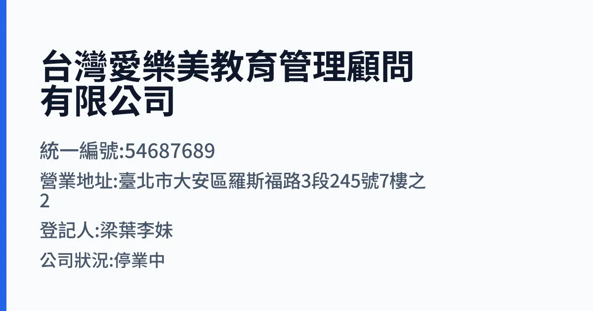 台灣愛樂美教育管理顧問有限公司 - 統編 54687689(臺北市) 公司登記資料與營業項目詳細圖表