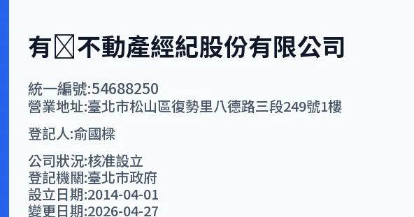 有爲不動產經紀股份有限公司的照片-統編 54688250(臺北市) 公司登記資料與營業項目詳細圖表