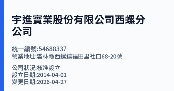 宇進實業股份有限公司西螺分公司的照片-統編 54688337(雲林縣) 公司登記資料與營業項目詳細圖表