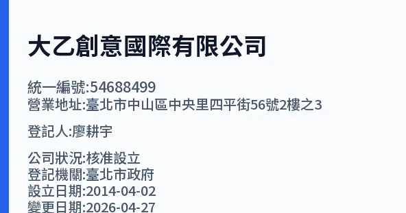 大乙創意國際有限公司的照片-統編 54688499(臺北市) 公司登記資料與營業項目詳細圖表