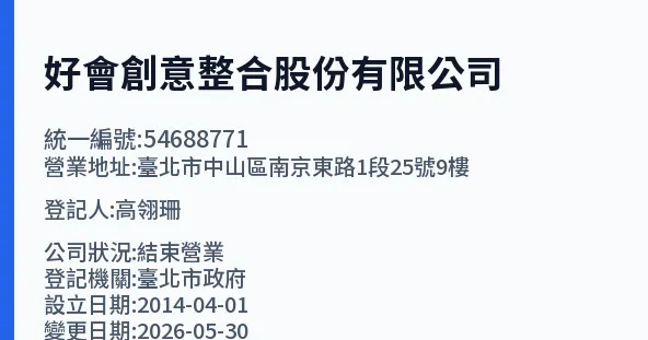 好會創意整合股份有限公司的照片-統編 54688771(臺北市) 公司登記資料與營業項目詳細圖表