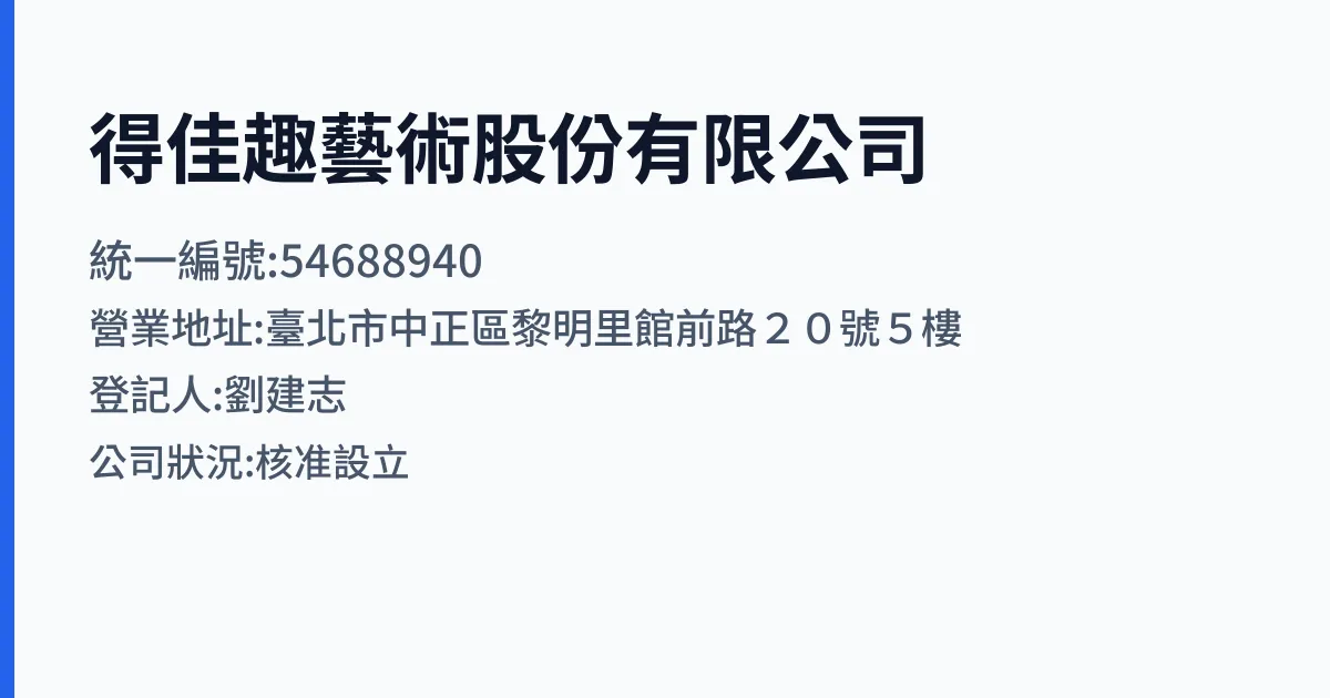 得佳趣藝術股份有限公司 - 統編 54688940(臺北市) 公司登記資料與營業項目詳細圖表