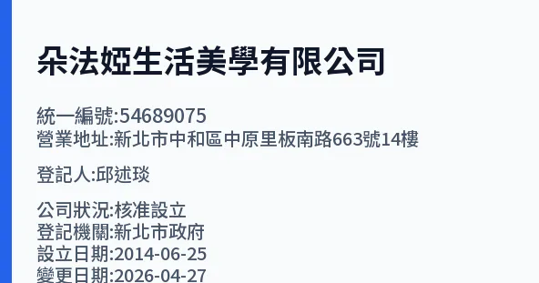 朵法婭生活美學有限公司的照片-統編 54689075(新北市) 公司登記資料與營業項目詳細圖表