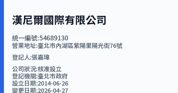 漢尼爾國際有限公司的照片-統編 54689130(臺北市) 公司登記資料與營業項目詳細圖表