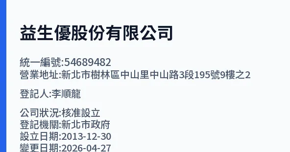 益生優股份有限公司的照片-統編 54689482(新北市) 公司登記資料與營業項目詳細圖表