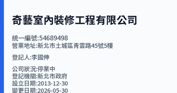 奇藝室內裝修工程有限公司的照片-統編 54689498(新北市) 公司登記資料與營業項目詳細圖表