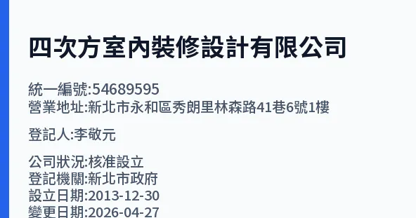 四次方室內裝修設計有限公司的照片-統編 54689595(新北市) 公司登記資料與營業項目詳細圖表