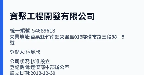寶聚工程開發有限公司的照片-統編 54689618(苗栗縣) 公司登記資料與營業項目詳細圖表