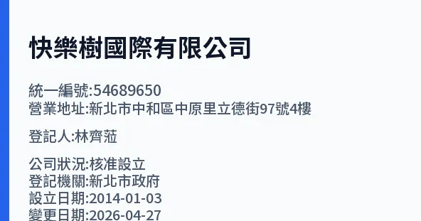 快樂樹國際有限公司的照片-統編 54689650(新北市) 公司登記資料與營業項目詳細圖表