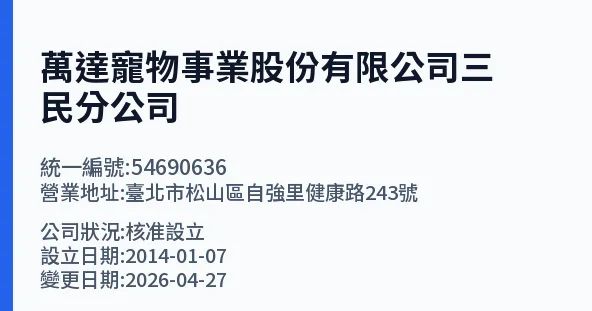 萬達寵物事業股份有限公司三民分公司的照片-統編 54690636(臺北市) 公司登記資料與營業項目詳細圖表