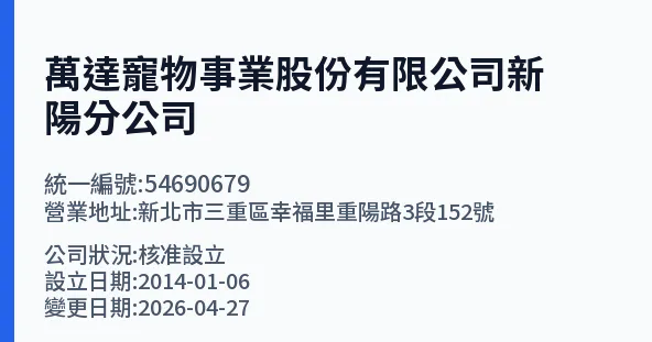 萬達寵物事業股份有限公司新陽分公司的照片-統編 54690679(新北市) 公司登記資料與營業項目詳細圖表