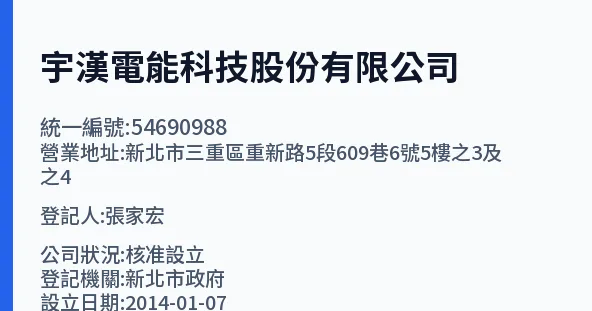 宇漢電能科技股份有限公司的照片-統編 54690988(新北市) 公司登記資料與營業項目詳細圖表