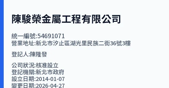 陳駿榮金屬工程有限公司的照片-統編 54691071(新北市) 公司登記資料與營業項目詳細圖表