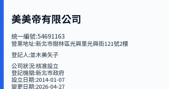 美美帝有限公司的照片-統編 54691163(新北市) 公司登記資料與營業項目詳細圖表