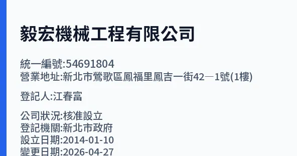 毅宏機械工程有限公司的照片-統編 54691804(新北市) 公司登記資料與營業項目詳細圖表