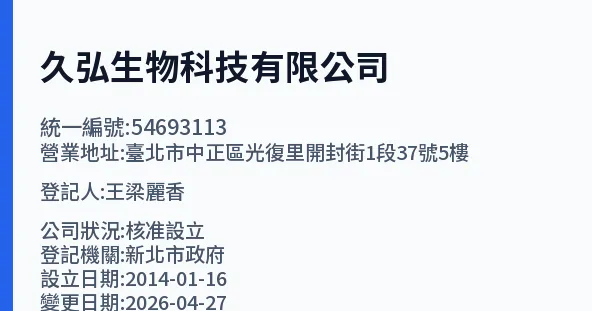 久弘生物科技有限公司的照片-統編 54693113(臺北市) 公司登記資料與營業項目詳細圖表