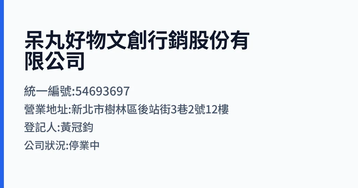 呆丸好物文創行銷股份有限公司 - 統編 54693697(新北市) 公司登記資料與營業項目詳細圖表