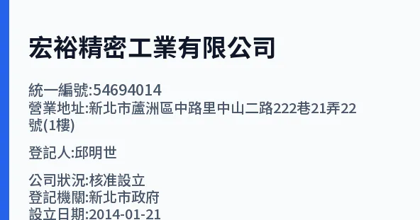 宏裕精密工業有限公司的照片-統編 54694014(新北市) 公司登記資料與營業項目詳細圖表