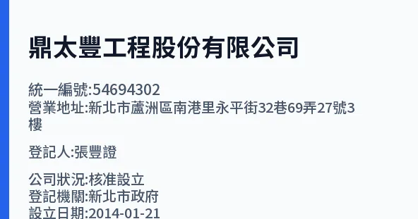 鼎太豐工程股份有限公司的照片-統編 54694302(新北市) 公司登記資料與營業項目詳細圖表