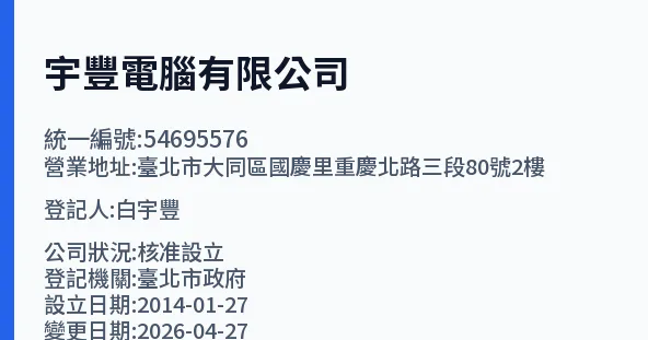 宇豐電腦有限公司的照片-統編 54695576(臺北市) 公司登記資料與營業項目詳細圖表