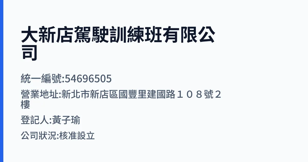 大新店駕駛訓練班有限公司 - 統編 54696505(新北市) 公司登記資料與營業項目詳細圖表