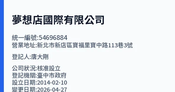 夢想店國際有限公司的照片-統編 54696884(新北市) 公司登記資料與營業項目詳細圖表