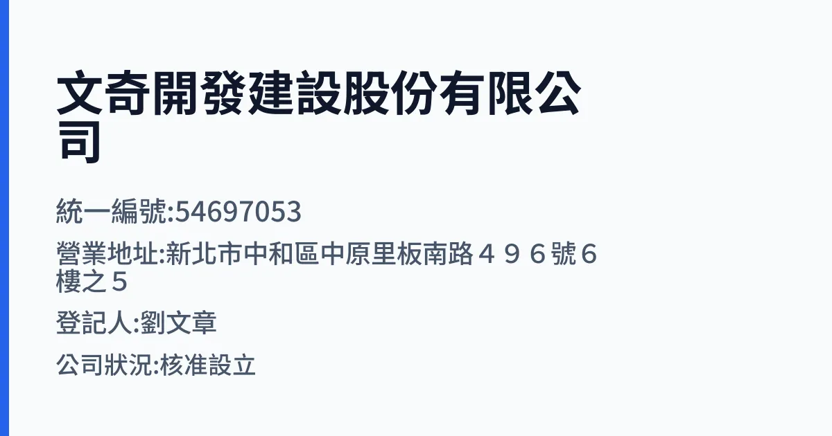 文奇開發建設股份有限公司 - 統編 54697053(新北市) 公司登記資料與營業項目詳細圖表