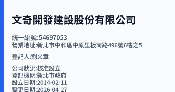 文奇開發建設股份有限公司的照片-統編 54697053(新北市) 公司登記資料與營業項目詳細圖表