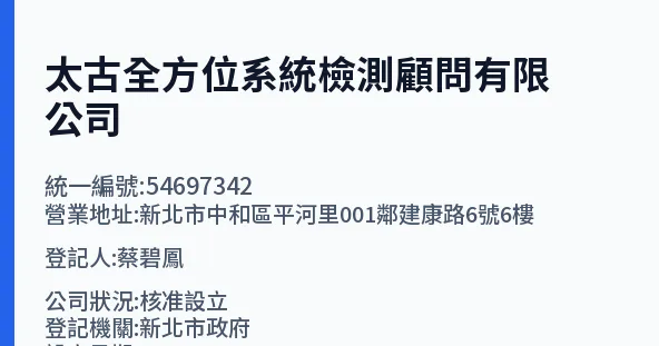 太古全方位系統檢測顧問有限公司的照片-統編 54697342(新北市) 公司登記資料與營業項目詳細圖表