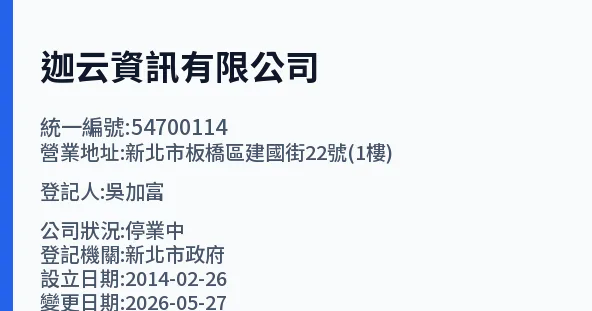 迦云資訊有限公司的照片-統編 54700114(新北市) 公司登記資料與營業項目詳細圖表