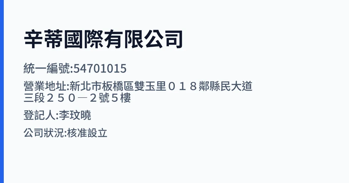 辛蒂國際有限公司 - 統編 54701015（新北市） 公司登記資料與營業項目詳細圖表