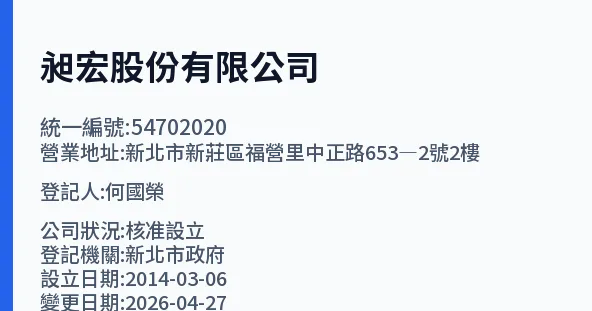 昶宏股份有限公司的照片-統編 54702020(新北市) 公司登記資料與營業項目詳細圖表