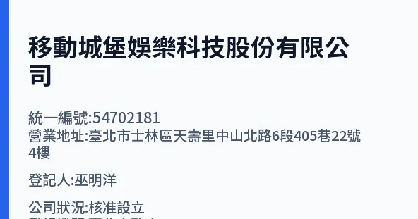 移動城堡娛樂科技股份有限公司的照片-統編 54702181(臺北市) 公司登記資料與營業項目詳細圖表