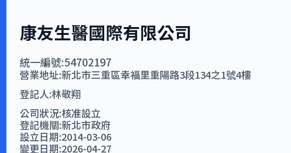 康友生醫國際有限公司的照片-統編 54702197(新北市) 公司登記資料與營業項目詳細圖表