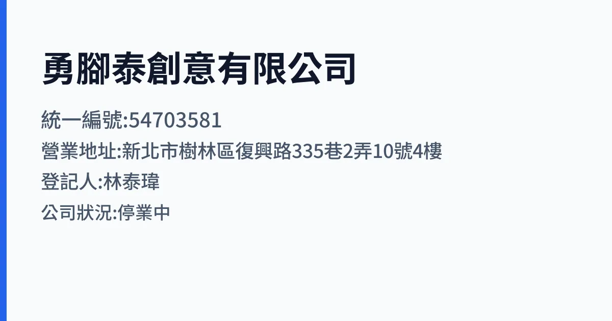 勇腳泰創意有限公司 - 統編 54703581(新北市) 公司登記資料與營業項目詳細圖表