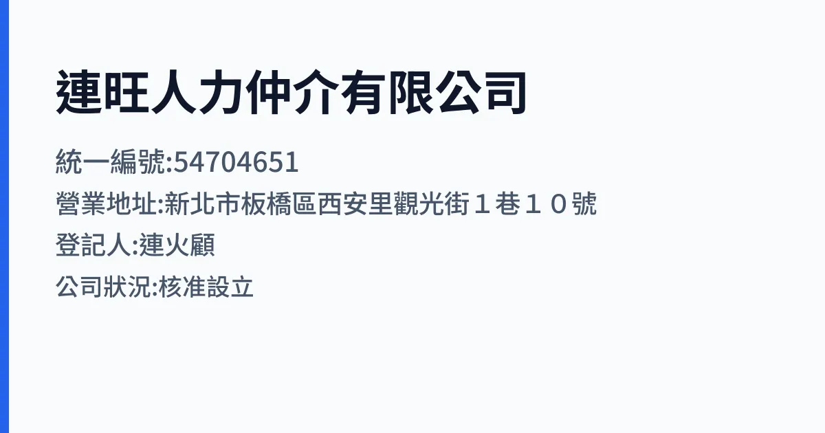 連旺人力仲介有限公司 - 統編 54704651(新北市) 公司登記資料與營業項目詳細圖表