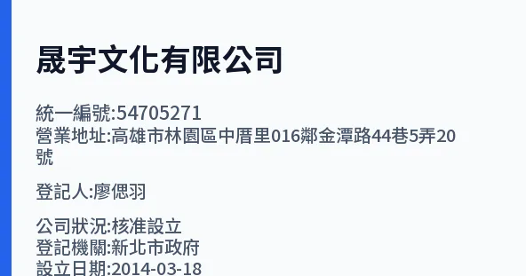 晟宇文化有限公司的照片-統編 54705271(高雄市) 公司登記資料與營業項目詳細圖表