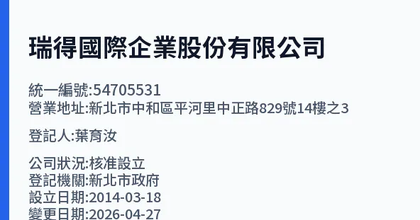 瑞得國際企業股份有限公司的照片-統編 54705531(新北市) 公司登記資料與營業項目詳細圖表