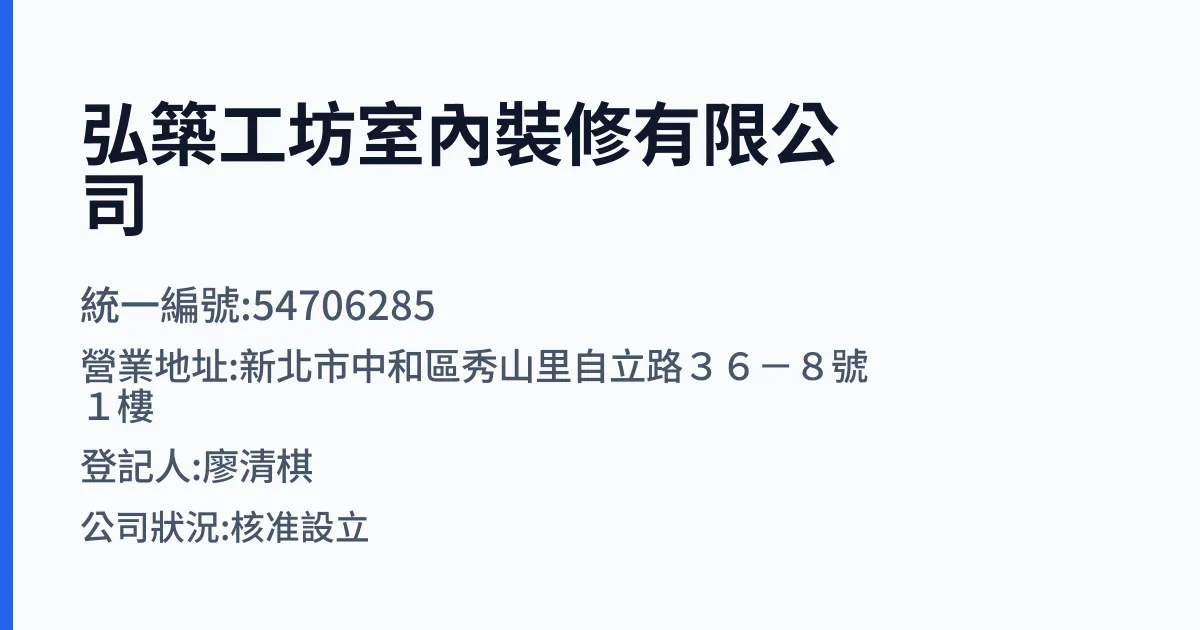 弘築工坊室內裝修有限公司 - 統編 54706285(新北市) 公司登記資料與營業項目詳細圖表