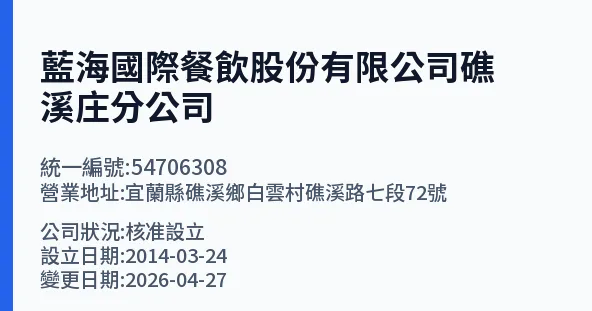 藍海國際餐飲股份有限公司礁溪庄分公司的照片-統編 54706308(宜蘭縣) 公司登記資料與營業項目詳細圖表