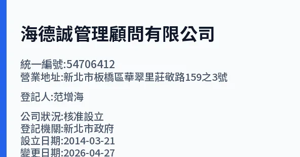 海德誠管理顧問有限公司的照片-統編 54706412(新北市) 公司登記資料與營業項目詳細圖表