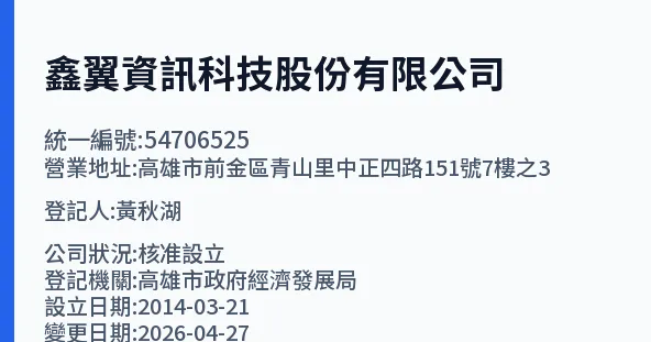 鑫翼資訊科技股份有限公司的照片-統編 54706525(高雄市) 公司登記資料與營業項目詳細圖表