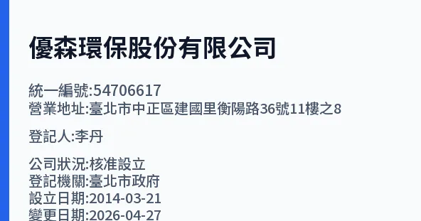 優森環保股份有限公司的照片-統編 54706617(臺北市) 公司登記資料與營業項目詳細圖表