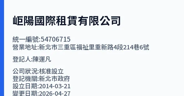 岠陽國際租賃有限公司的照片-統編 54706715(新北市) 公司登記資料與營業項目詳細圖表