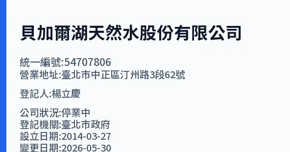 貝加爾湖天然水股份有限公司的照片-統編 54707806(臺北市) 公司登記資料與營業項目詳細圖表