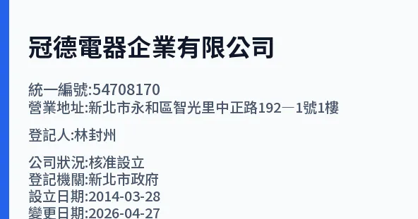 冠德電器企業有限公司的照片-統編 54708170(新北市) 公司登記資料與營業項目詳細圖表