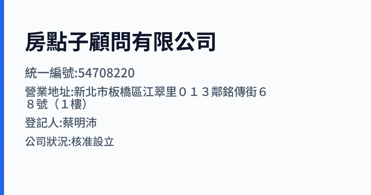 房點子顧問有限公司 - 統編 54708220(新北市) 公司登記資料與營業項目詳細圖表